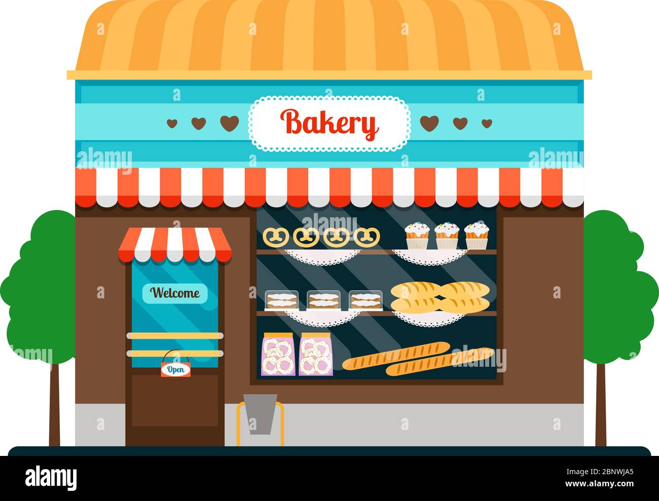 Bakery shop front veiw flat icon. Bakery facade vector illustration ...