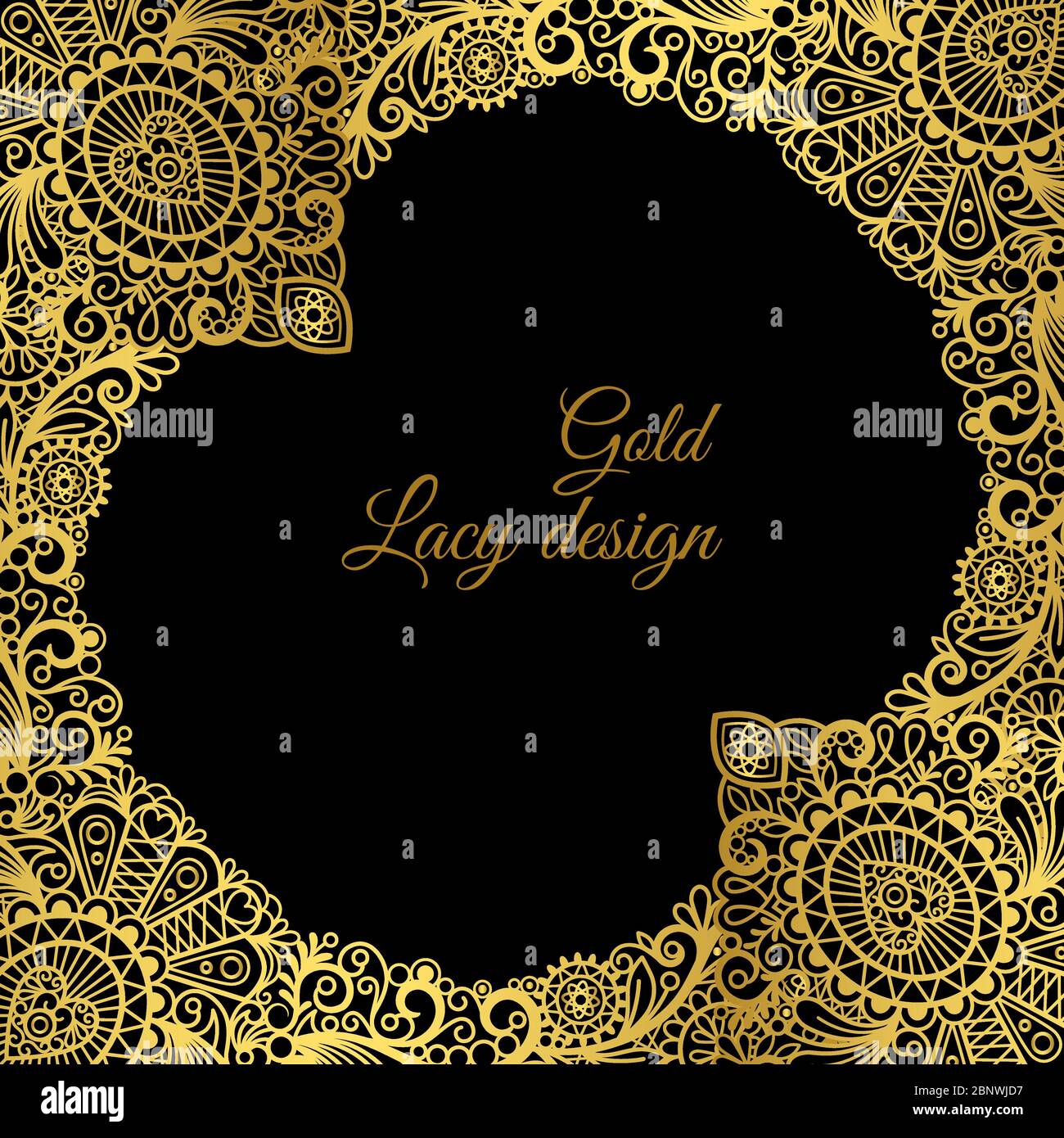 Gold lacy ornamental card design on black background. Vector ...