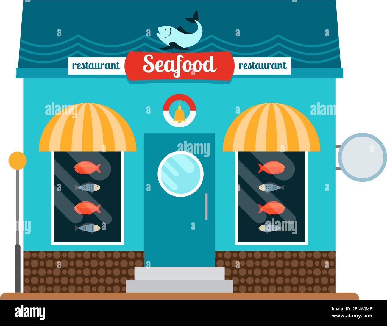 Seafood restaurant front flat colorful vector icon on white background ...