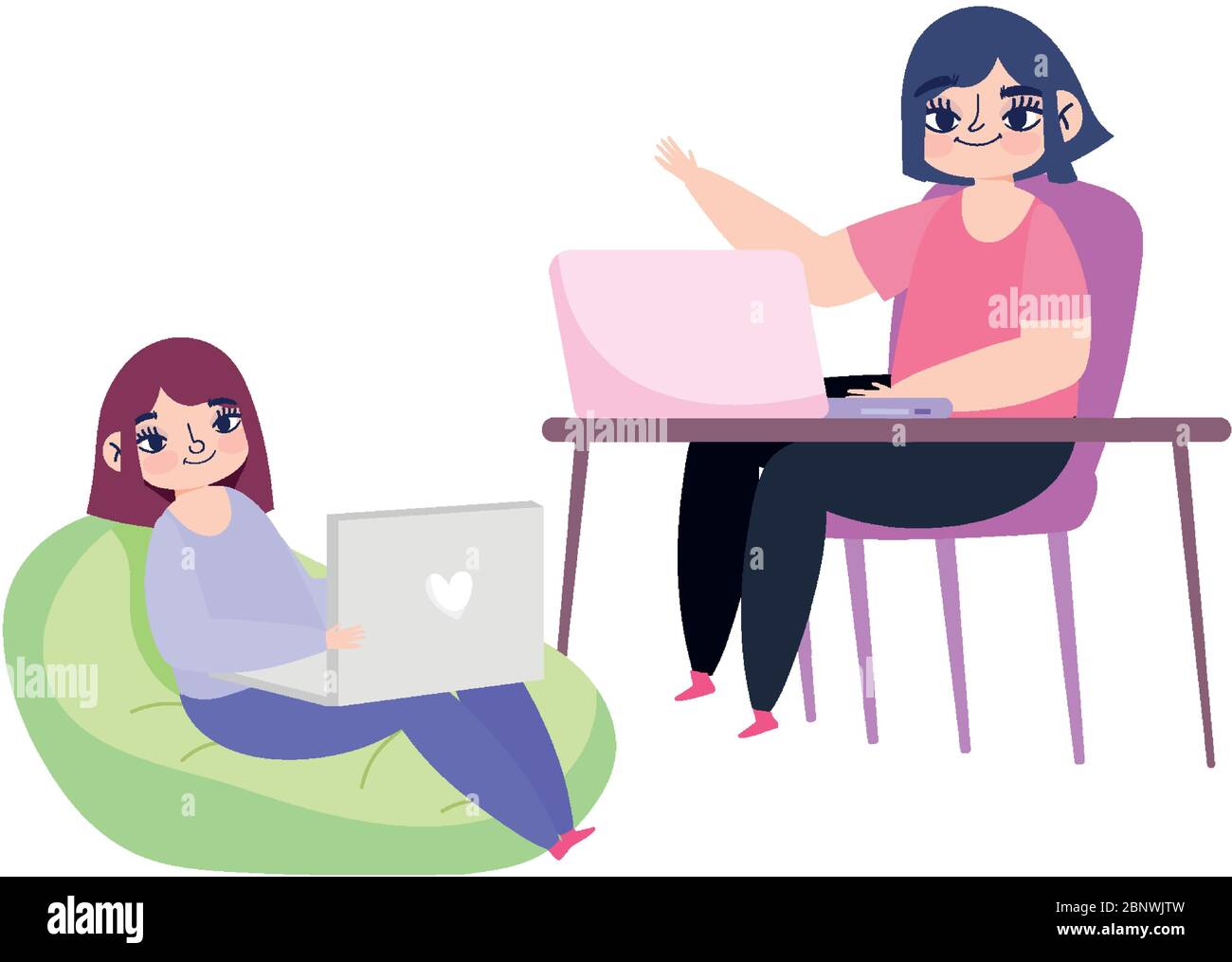 working remotely, young women sitting desk and floor with laptop vector ...