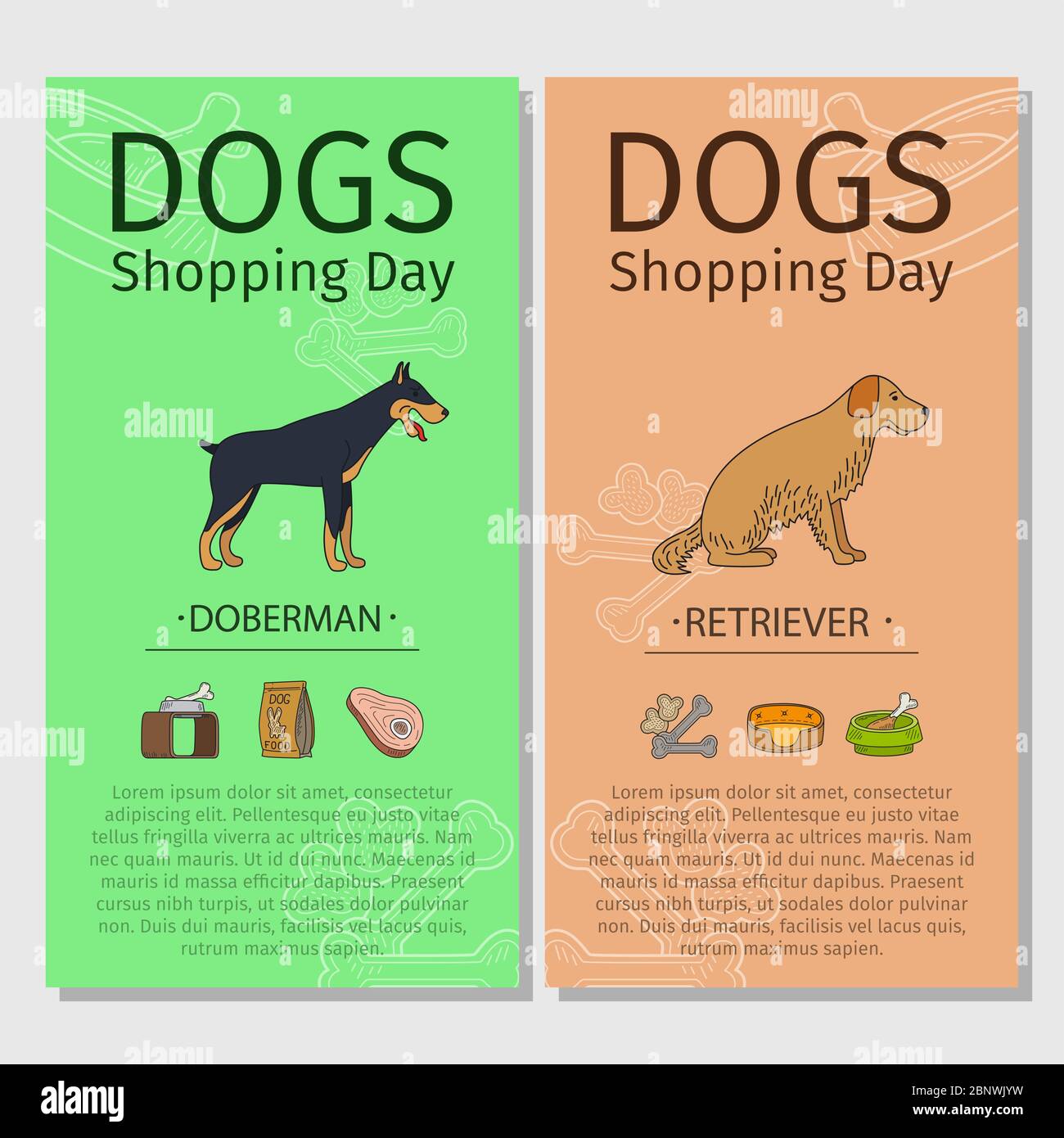 Dogs Shopping day flyers. Doberman and Retriever dog breeds. Vector ...
