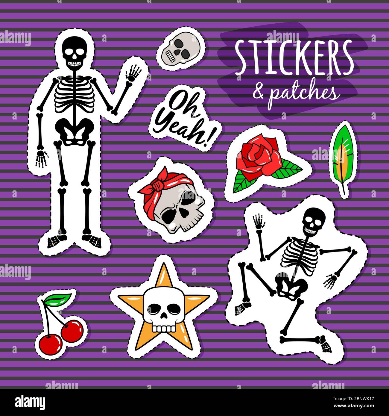 Skeleton and skull colorful stickers on violet background. Vector pins ...