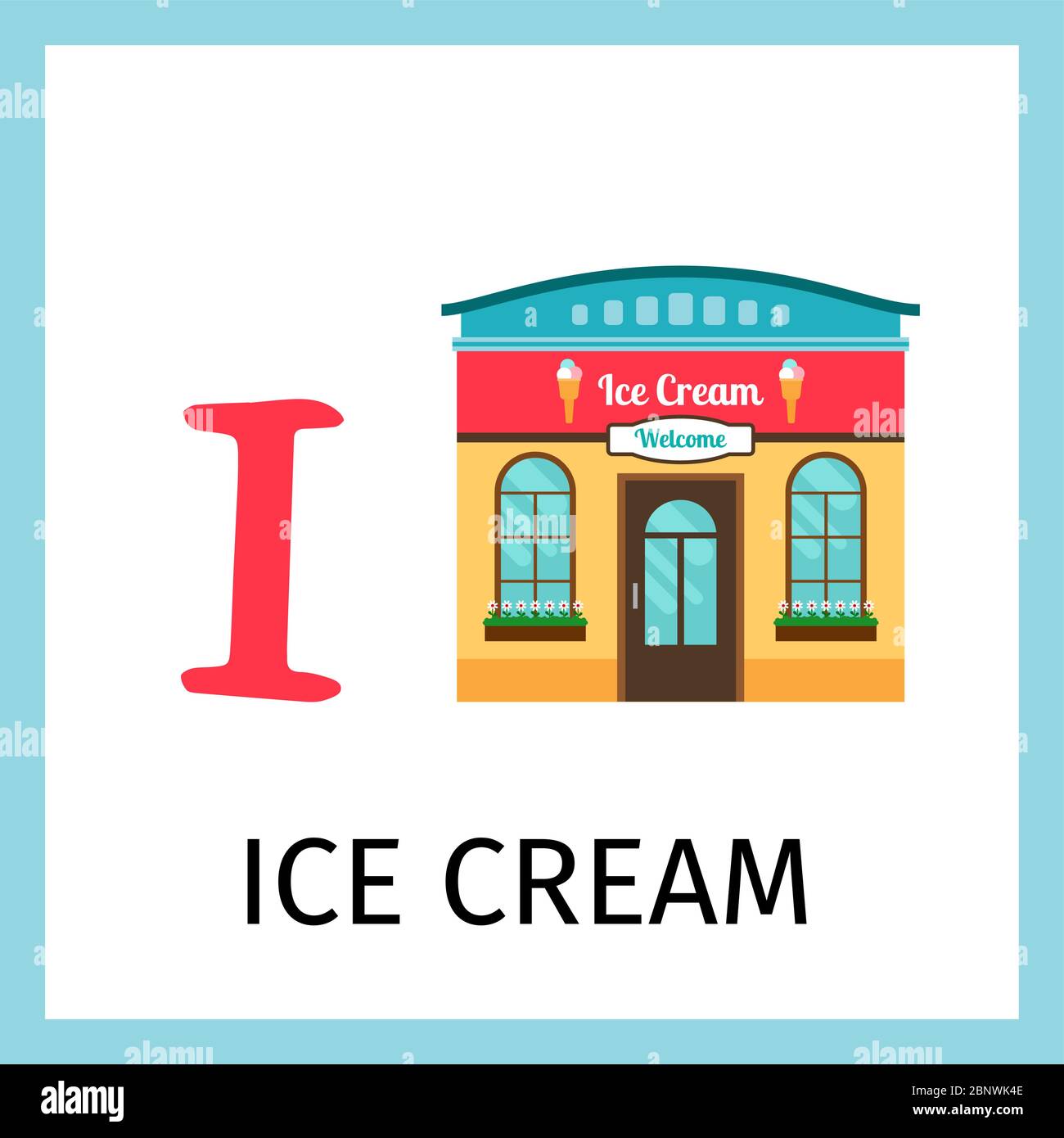Alphabet card for kids with ice cream building. Letter I card vector ...