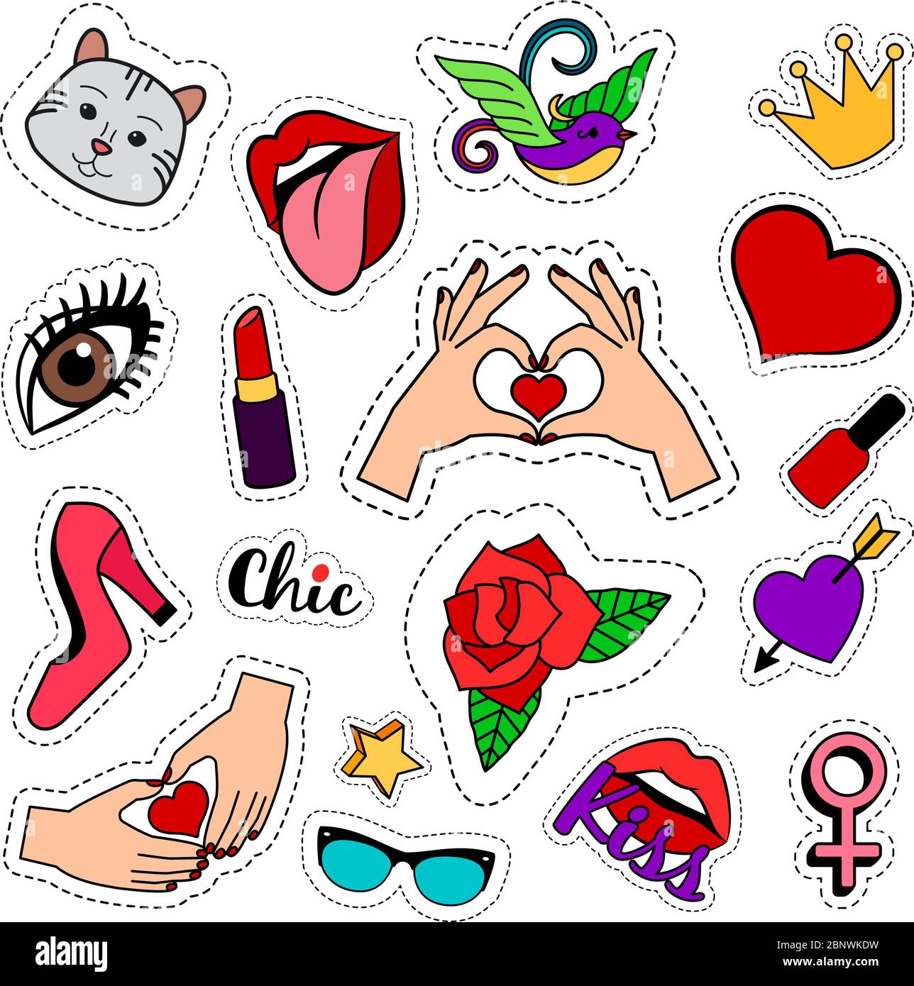 Fashion quirky patches set with woman lips, hearts, bird and hands on ...