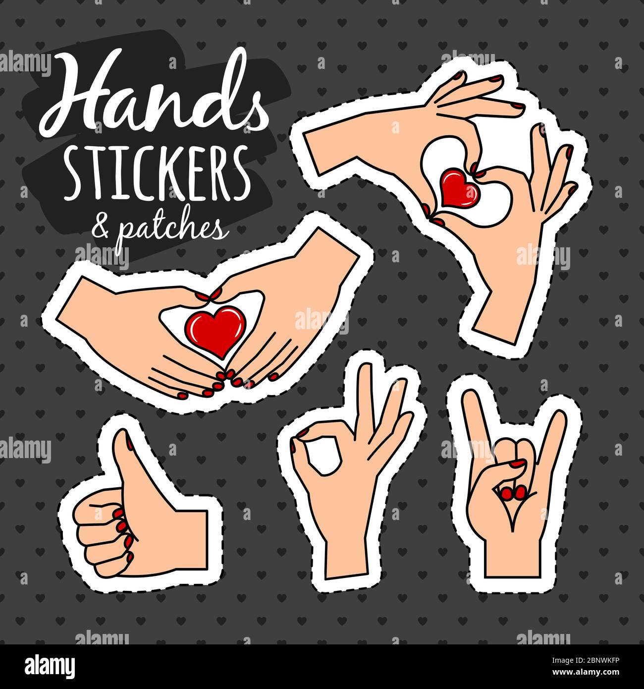 Quirky style human hands stickers set on dark background. Vector ...