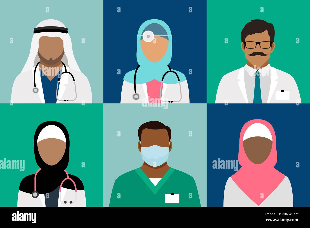 Arabian muslim medical staff avatars. Doctor and physician, surgeon and ...