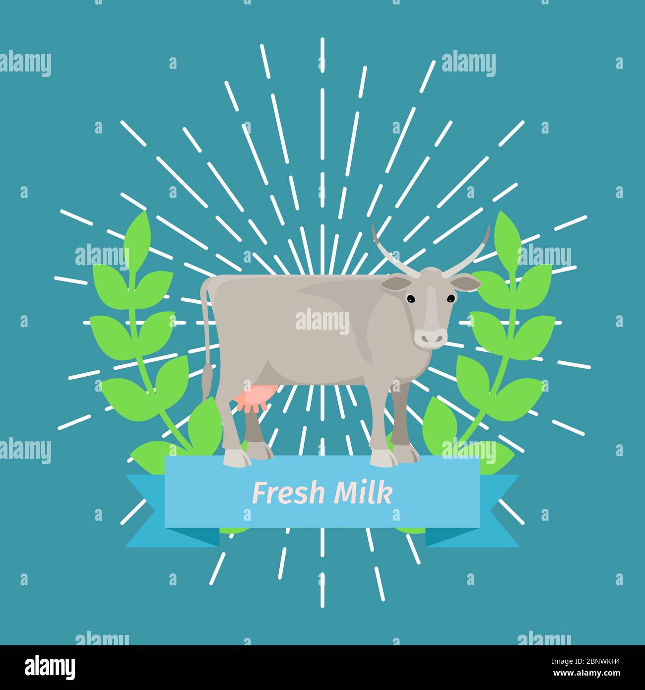 Blue label design with cow animal in flat style. Vector illustration ...