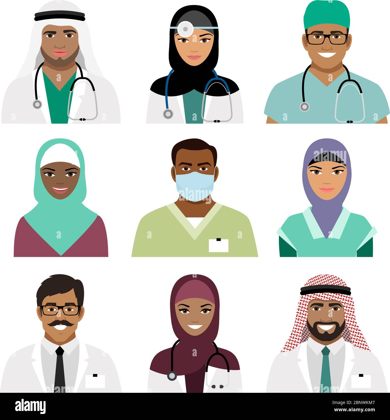 Medical practitioner and nurse face icons isolated on white. Healthcare ...