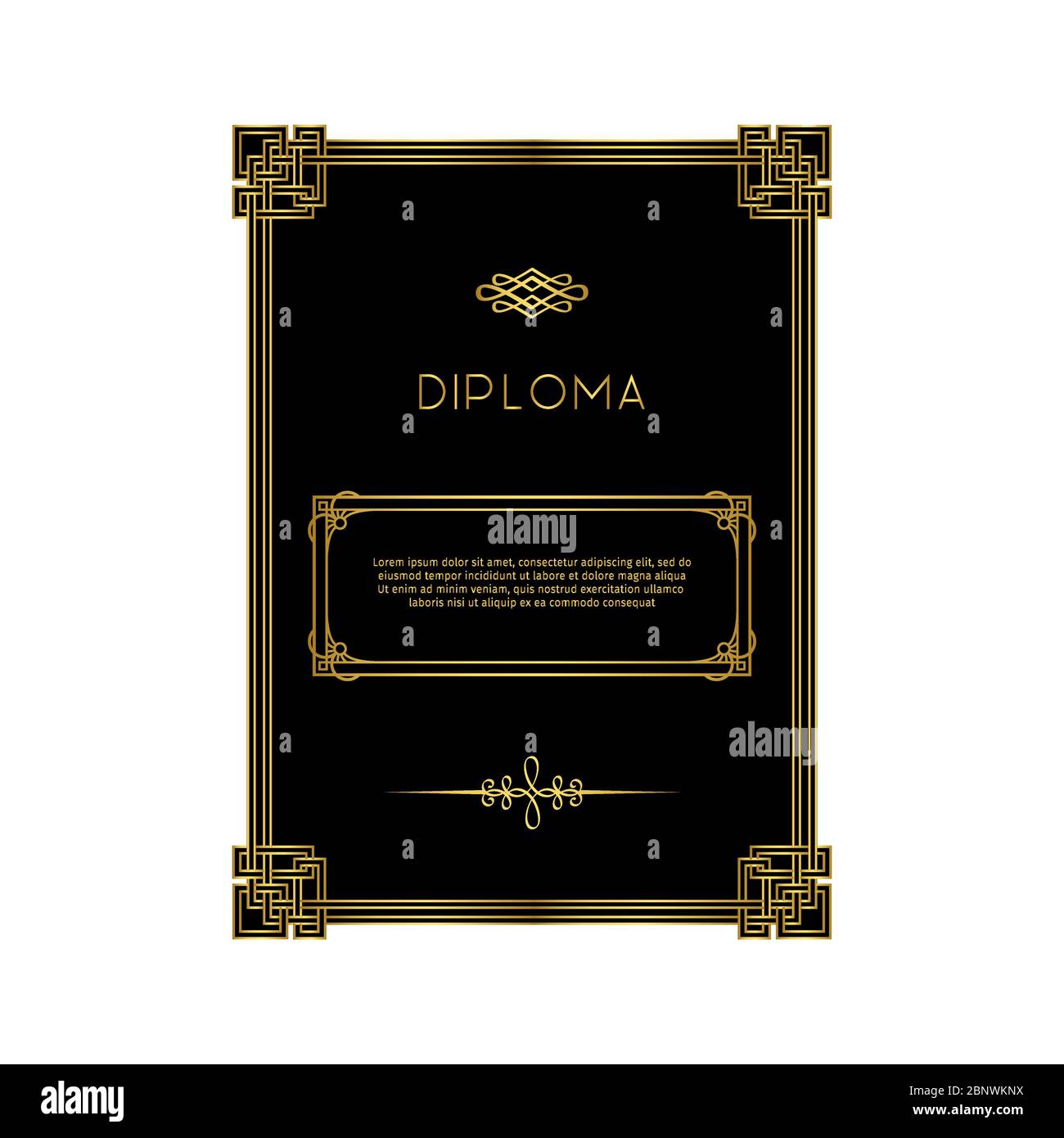 Diploma document template with golden elements on the black background ...
