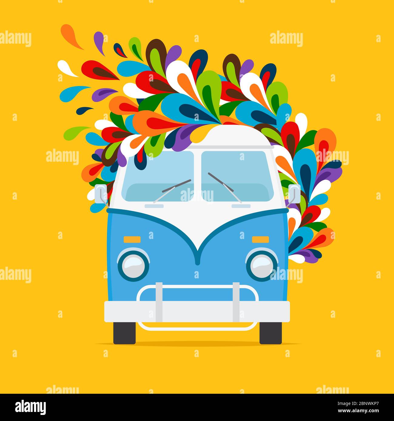 Blue van. Hippie flowers bus for travel on yellow background. Vector ...