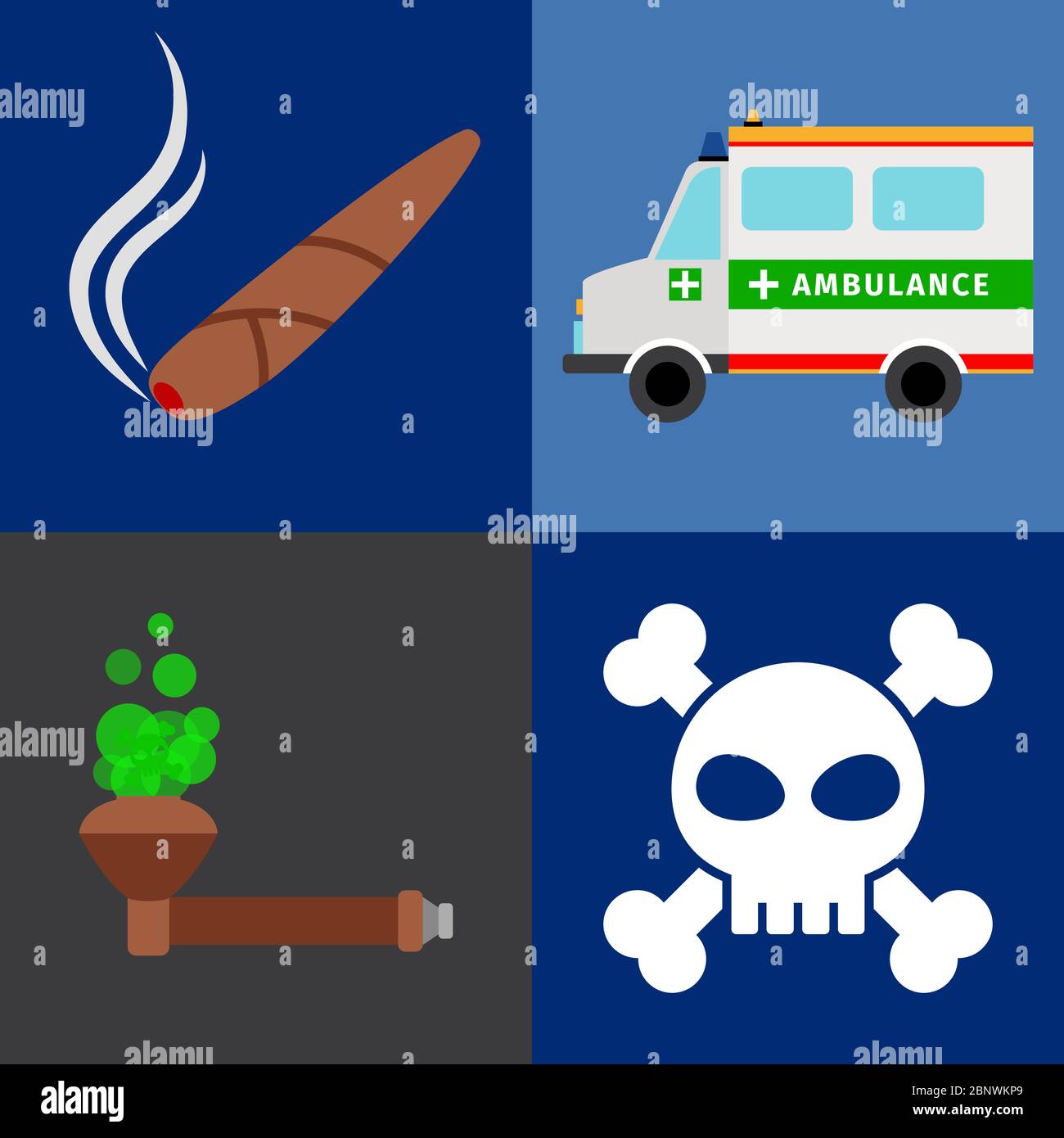 Ambulance, tobacco and drugs, death colored vector icons set Stock ...