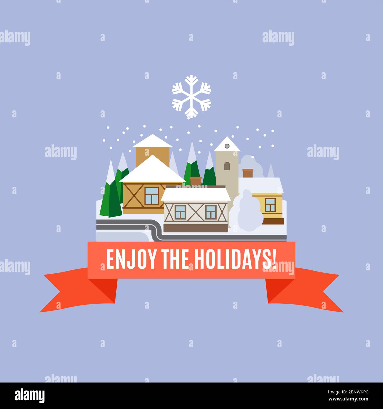 Enjoy the holidays card with small town winter landscape in flat style ...