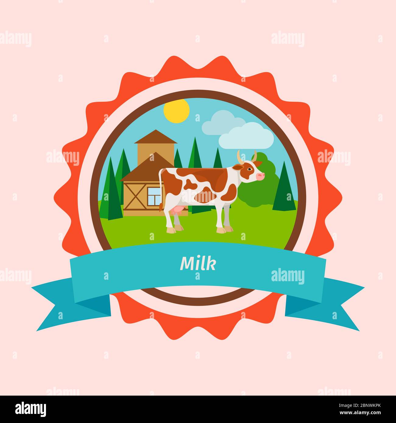 Cow flat icon in circle shape. Vector milk label design with farm ...
