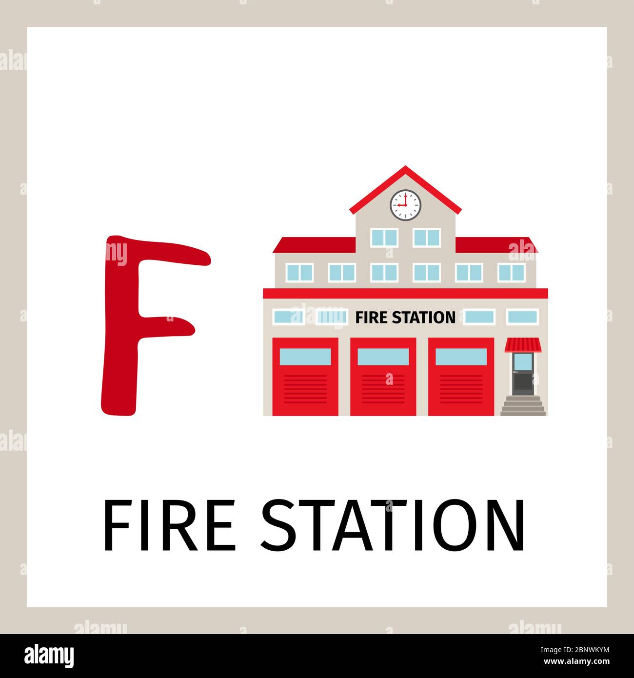 Alphabet card for kids with fire station building. Letter F card vector ...