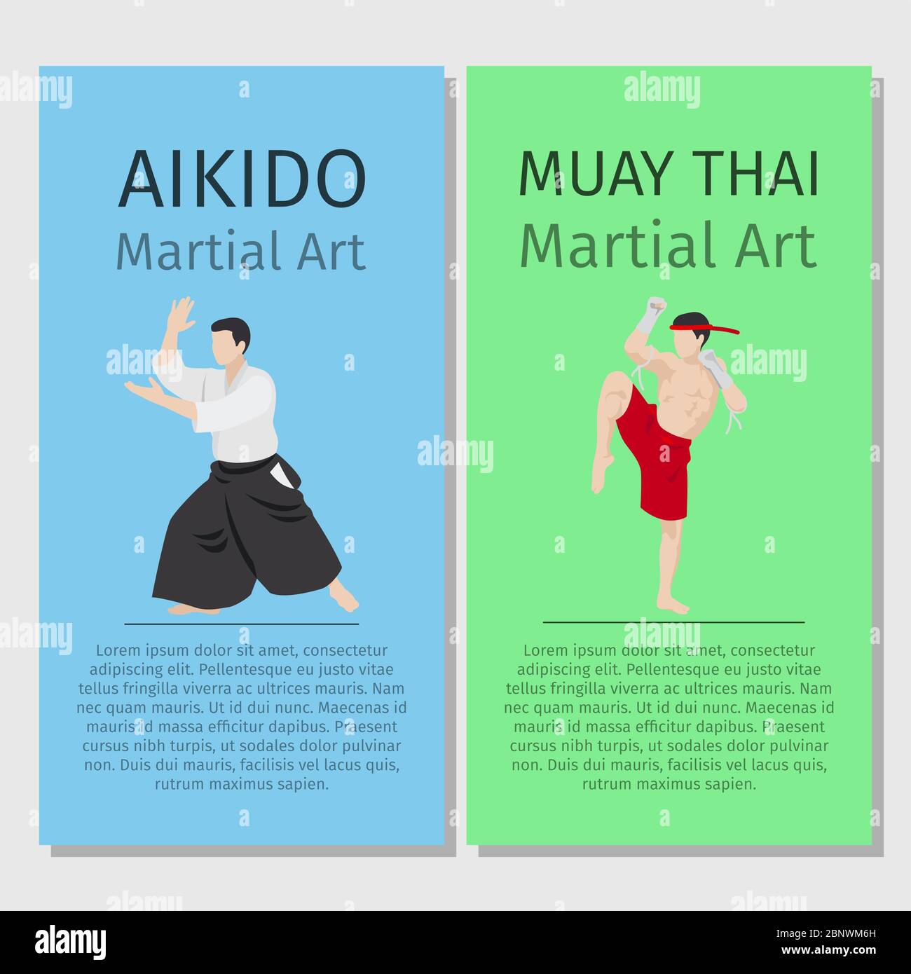 Asian martial arts vector flyers set. Aikido and Muay Thai illustration ...