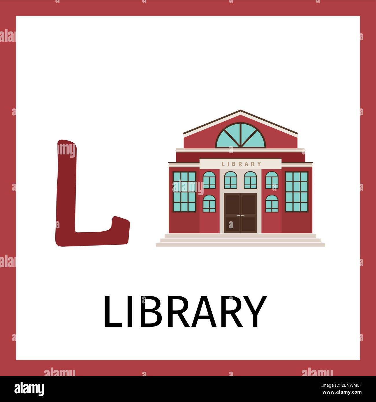 Alphabet card for kids with library building. Letter L card vector ...