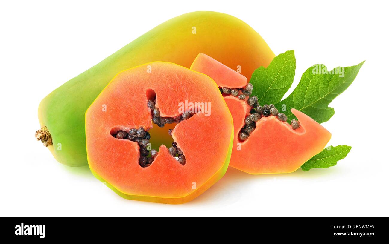 Isolated papaya. Pieces of papaya fruit isolated on white background ...