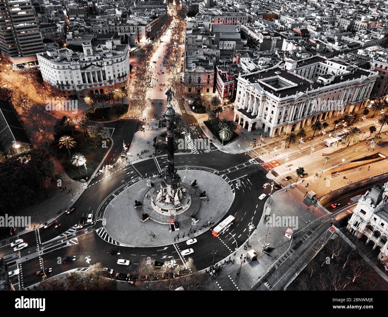 Statue of Christopher Colombus near The Ramblas aerial view Barcelona ...