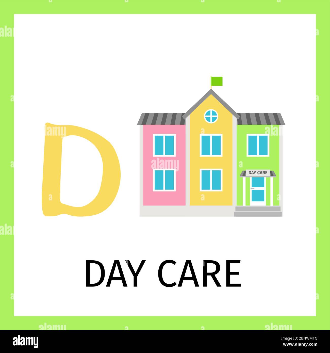 Alphabet card for kids with day care building. Letter D card vector ...