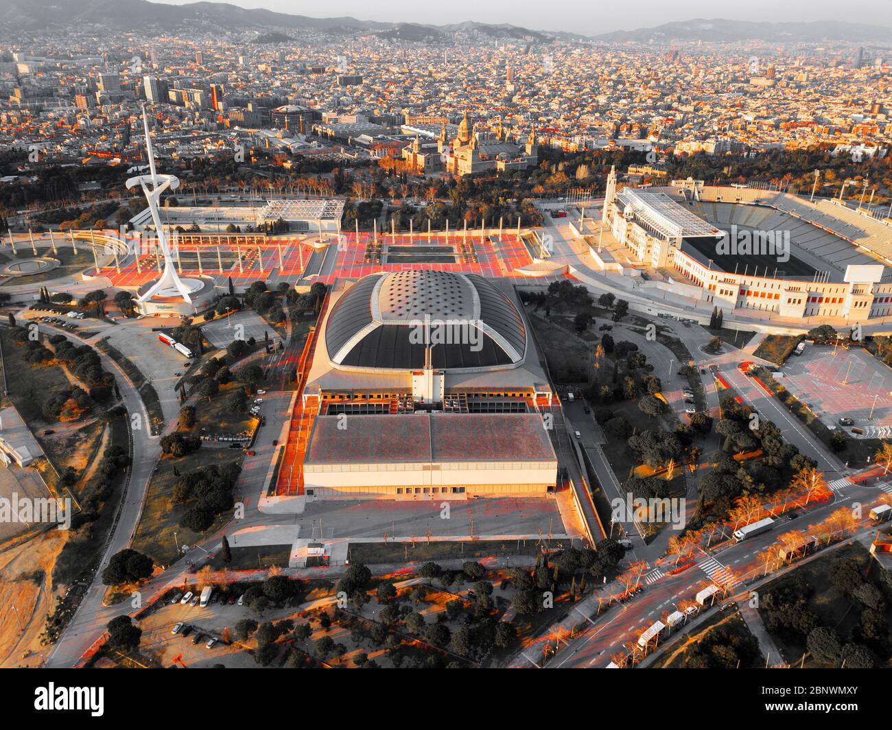 Aerial view Olympic ring or Anella Olímpica and Palau Sant Jordi Estadi ...