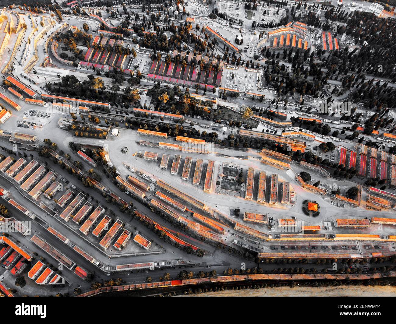 Aerial view of graves on the Montjuic Cemetery Barcelona Catalonia ...