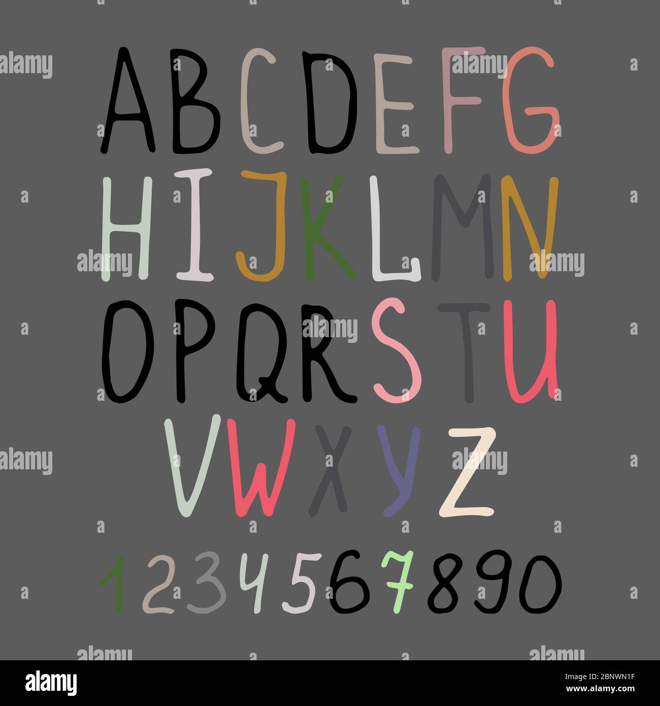 Vector handwright calligraphy alphabet and numbers on grey background ...