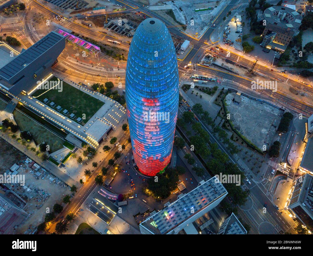 Night aerial view of Torre Agbar skyscraper designed by French ...
