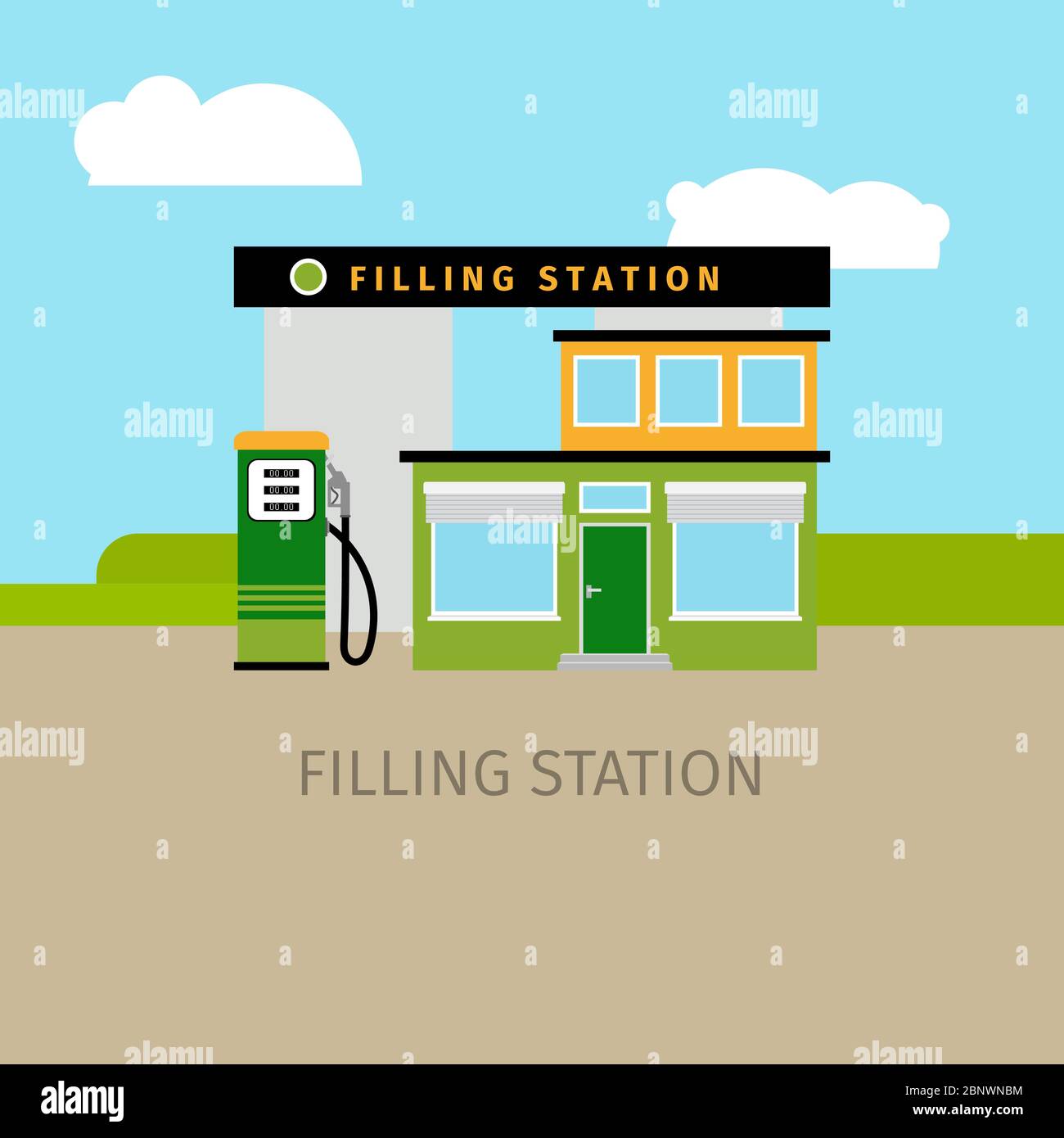 Colored filling station building with sky and clouds, vector ...