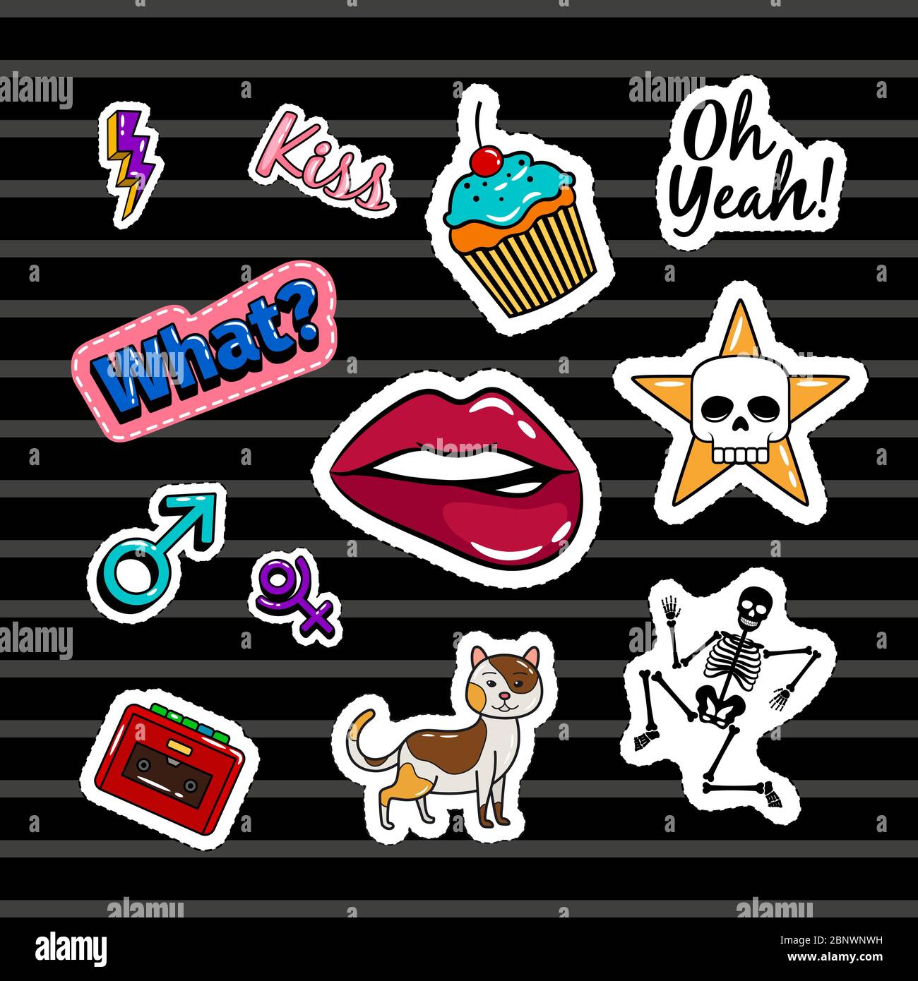 Colored quirky stickers collection with skeleton, cat, skull and lips ...