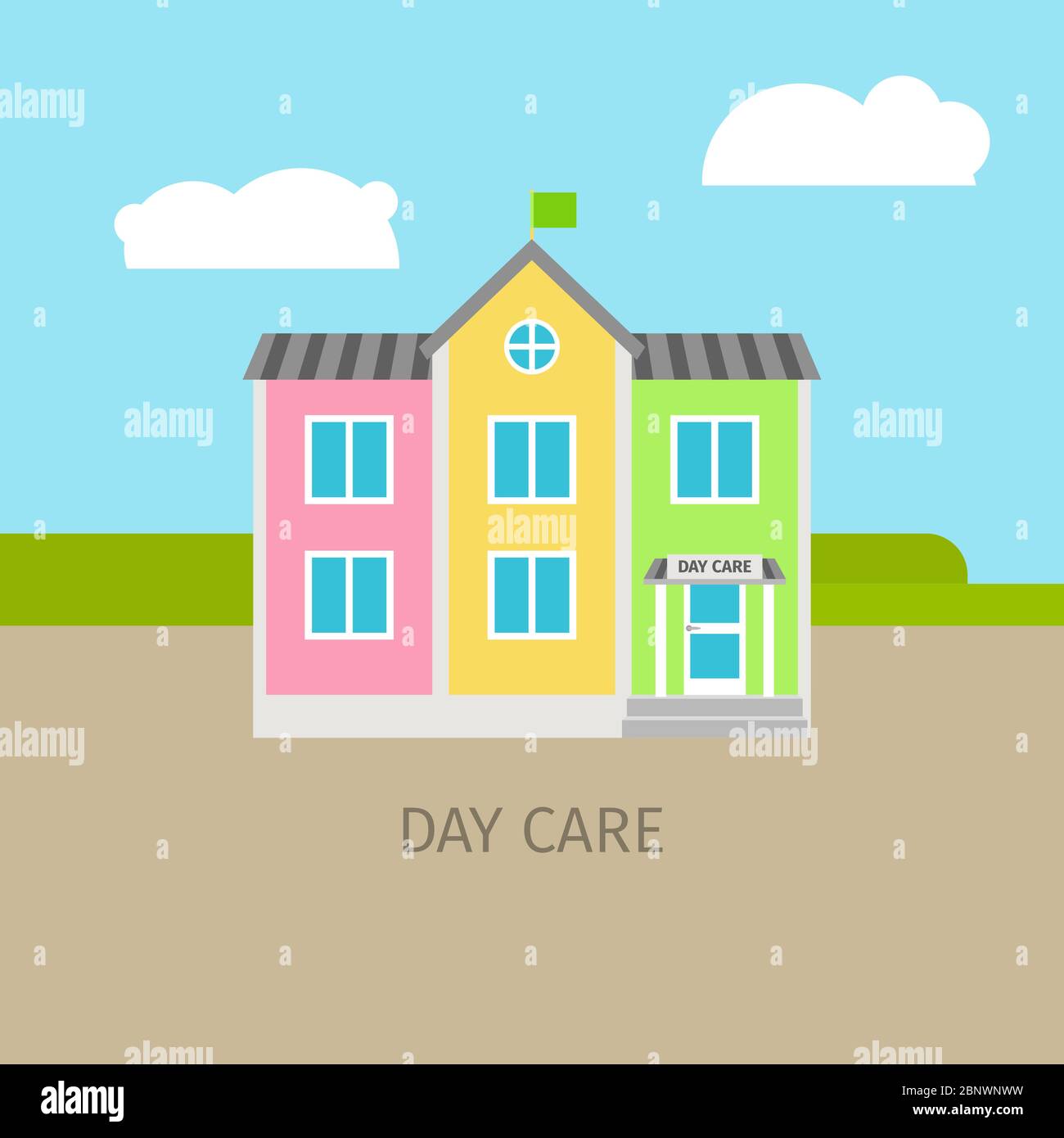Colored urban day care building with sky and clouds, vector ...