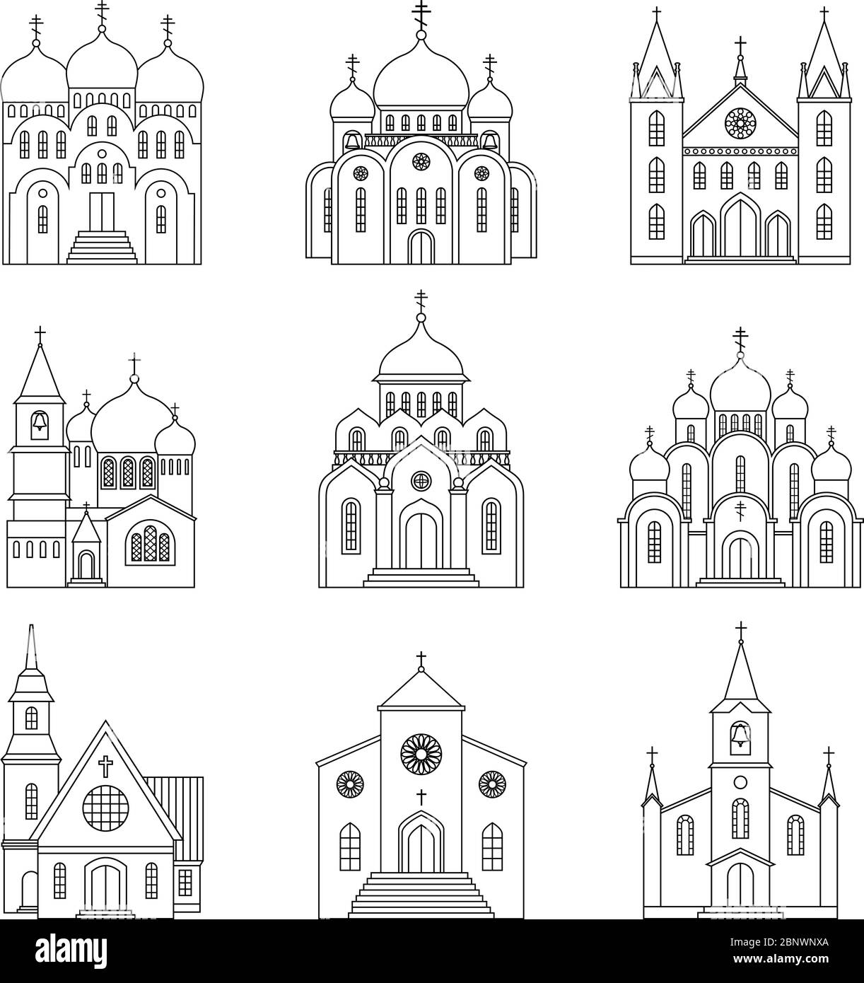 Vector church line icons. Religious sanctuary basilica buildings and ...