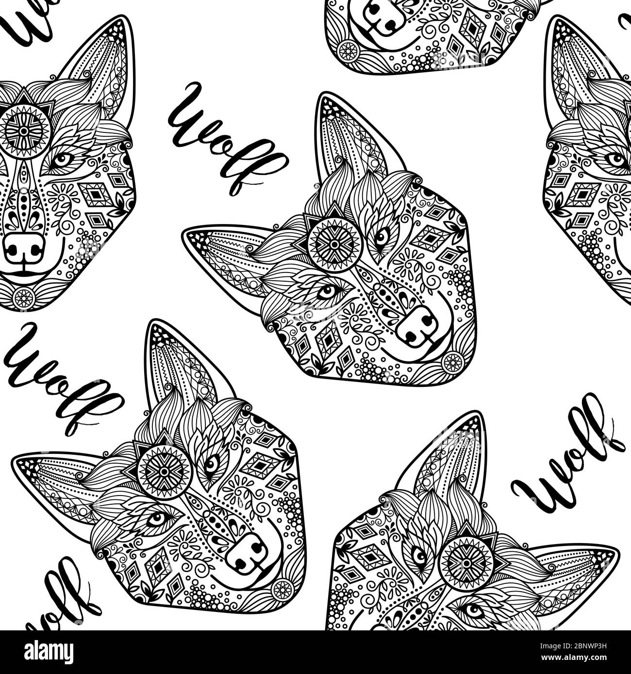 Hand drawn black doodle wolf face, seamless pattern. Vector ...