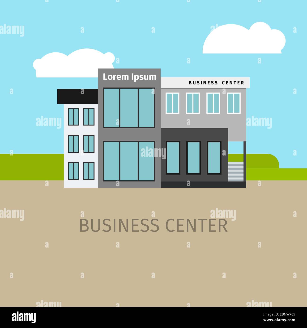 Colored business center building with sky and clouds, vector ...