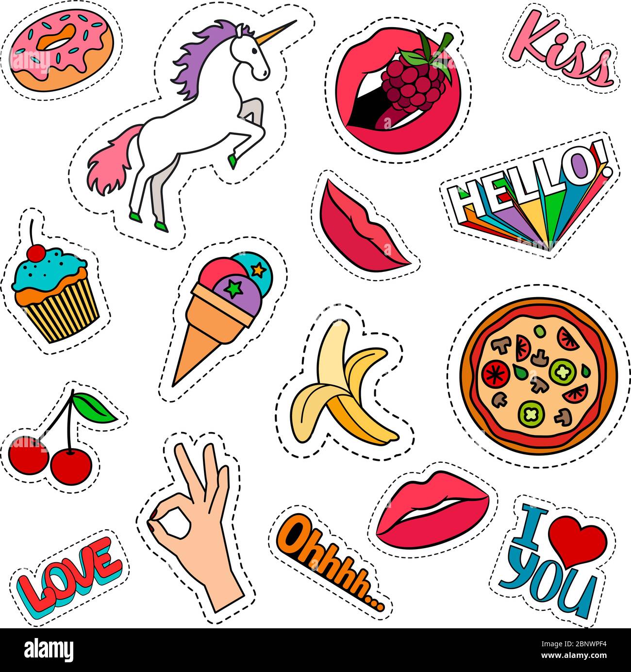 Funny quirky colorful food stickers set with pizza, cherry, ice cream ...