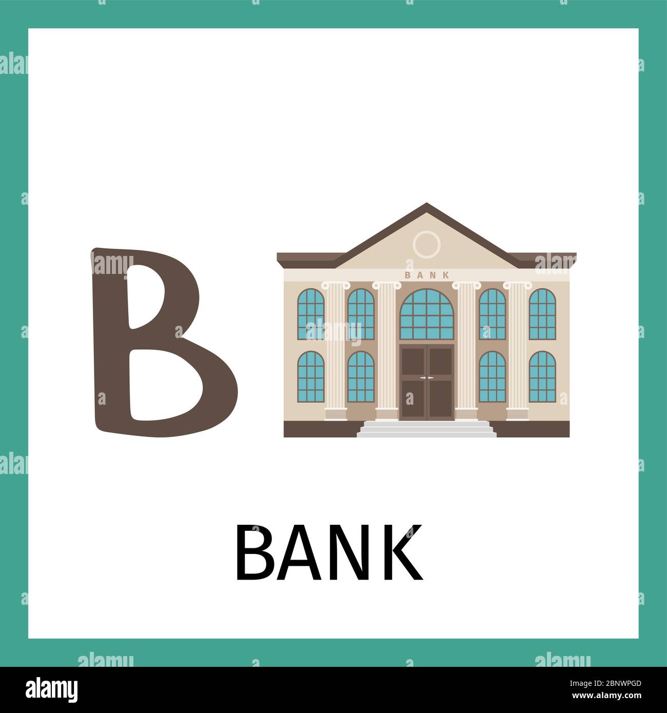 Alphabet card for kids with bank building. Letter B card, vector ...