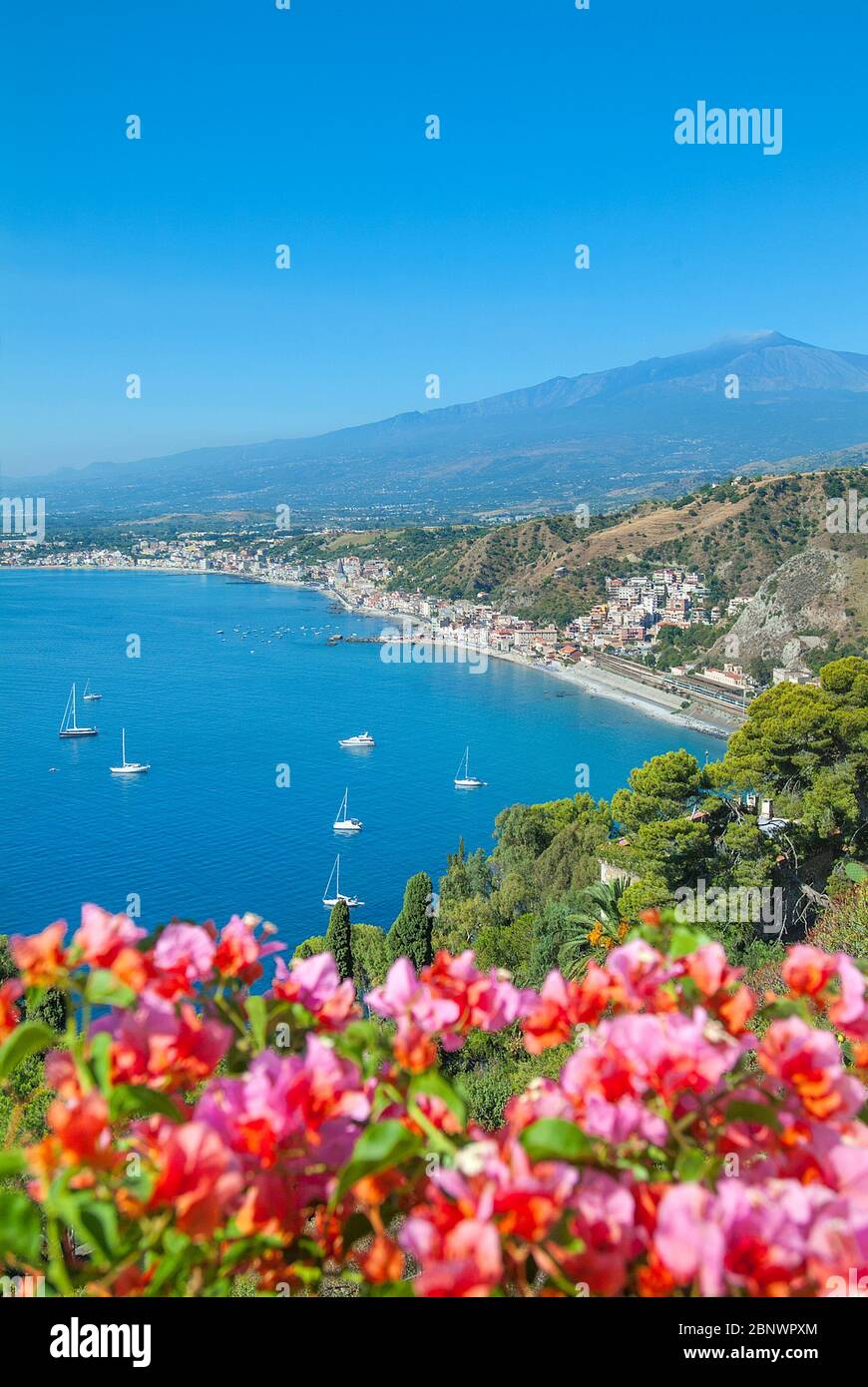 Giardini Naxos with Mount Etna behind, from Taormina, Sicily, Italy ...