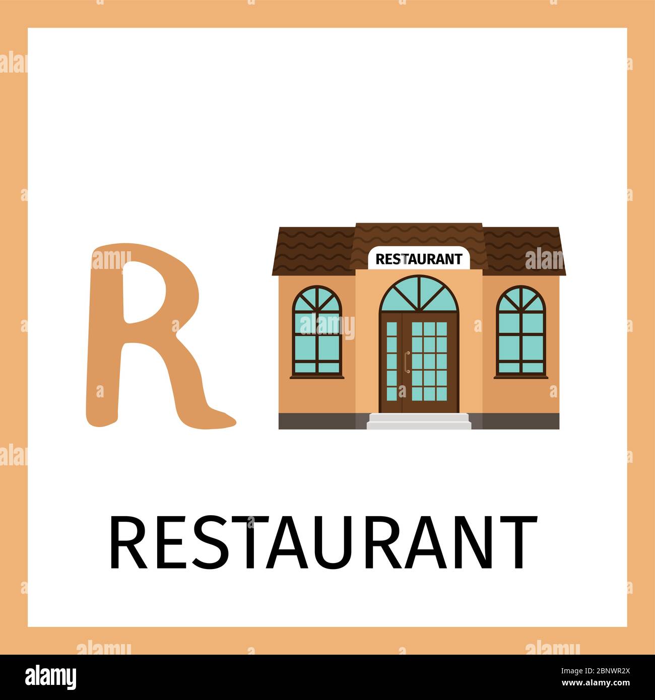 Alphabet card for kids with restaurant building. Letter R card vector ...