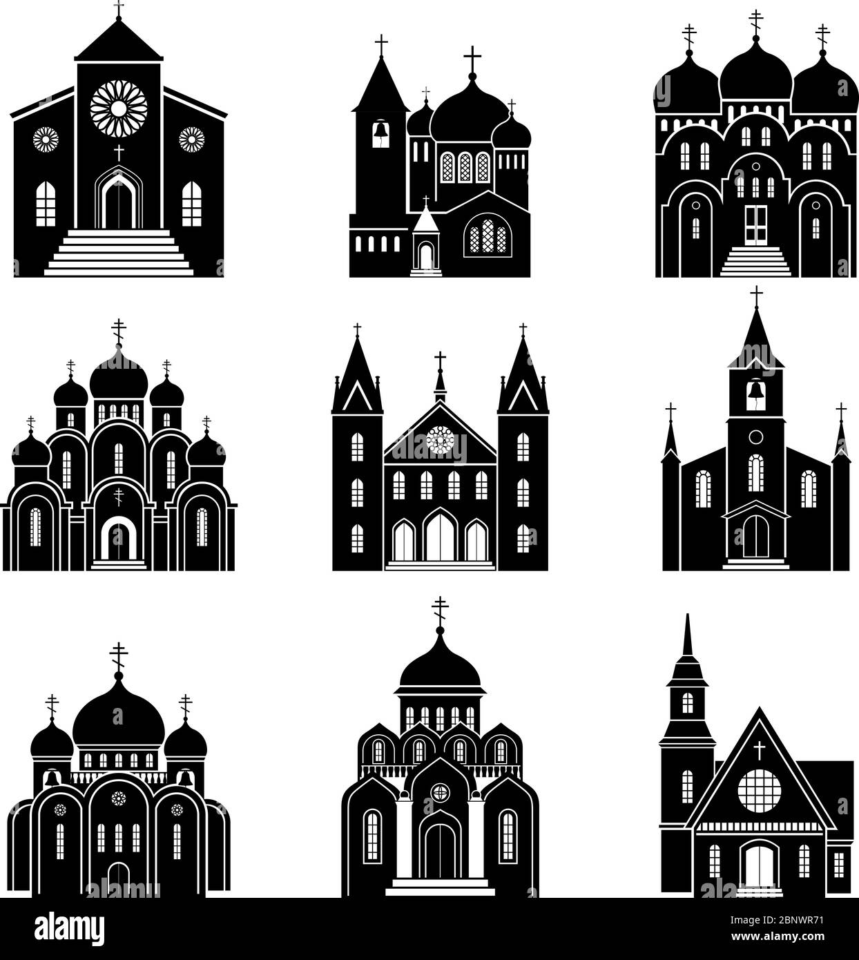 Church icons. Vector basilica and chapel building isolated on white ...
