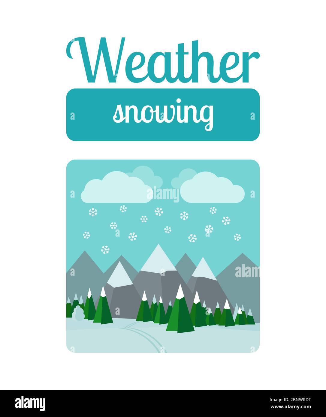 Weather illustration in flat style vector. Snowing in the mountains ...