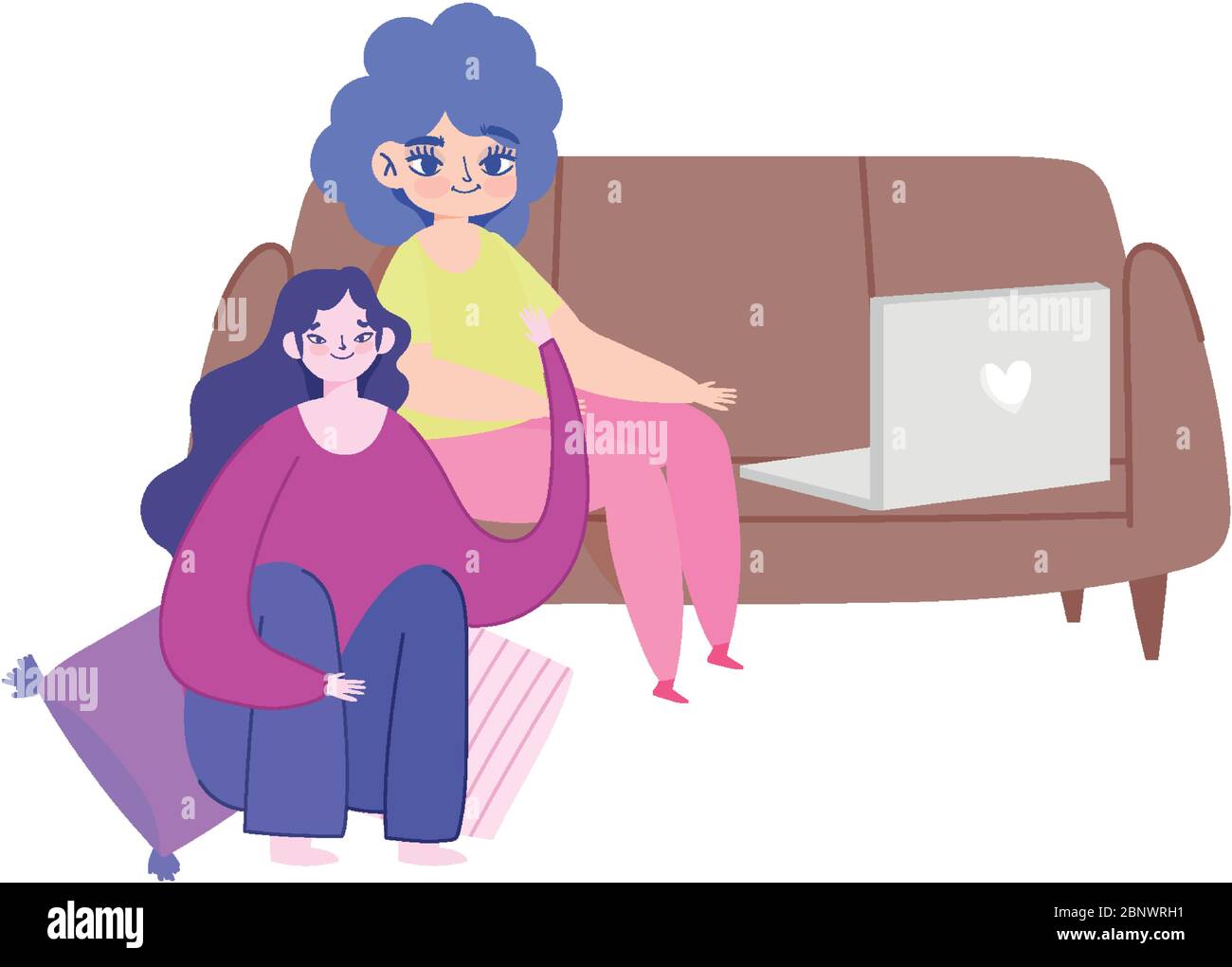 working remotely, young women with laptop on sofa and floor cartoon ...