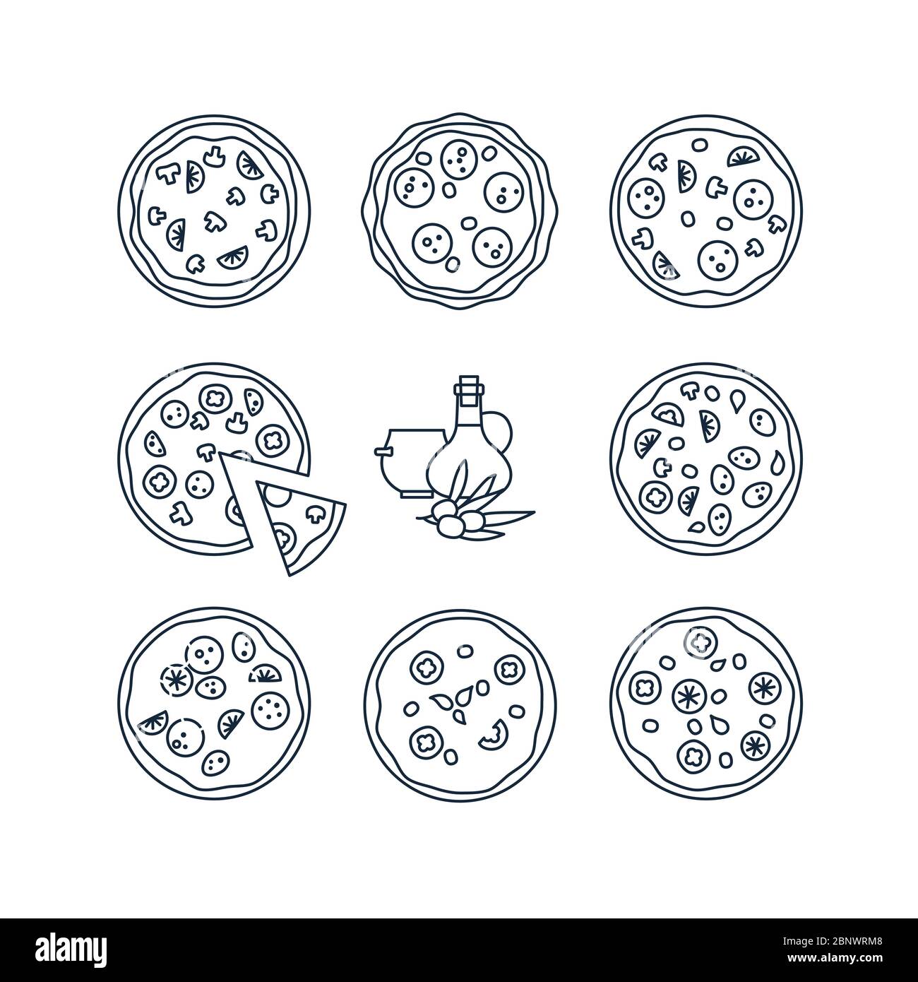 Pizza line icons. Different mono color pizza for pizzeria menu vector ...