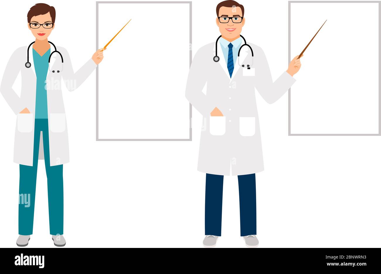 Male female doctors standing and pointing on presentation board ...