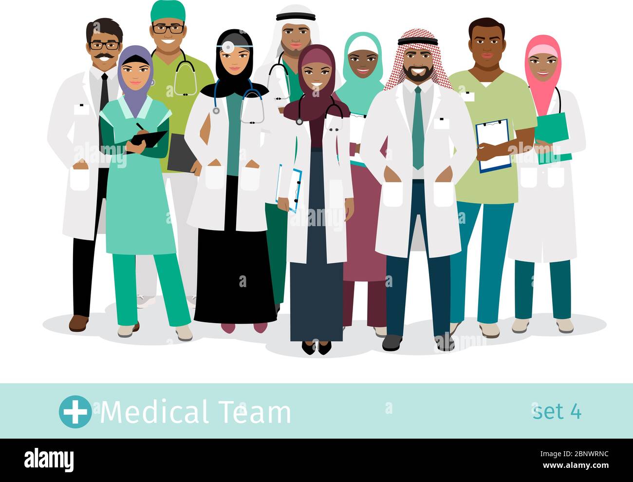 Muslim hospital team vector illustration. Standing arabian physician ...