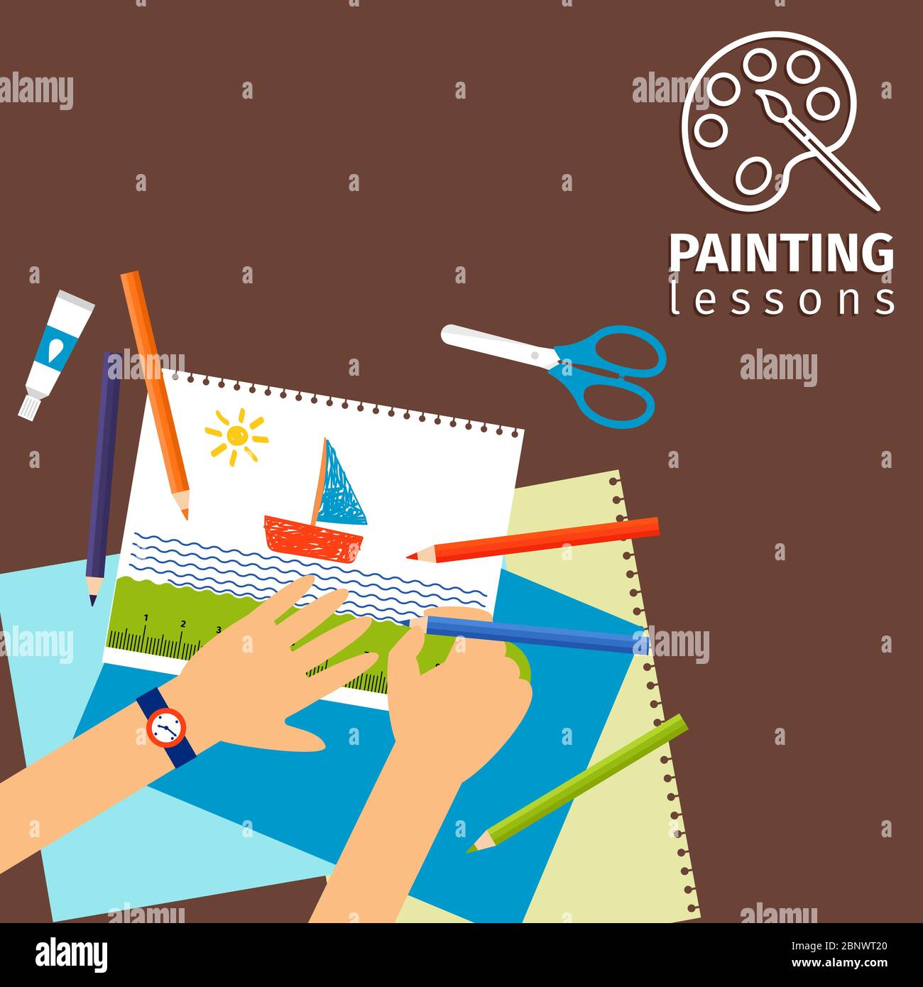 Kids painting lessons with kids hands scissors and paper vector ...