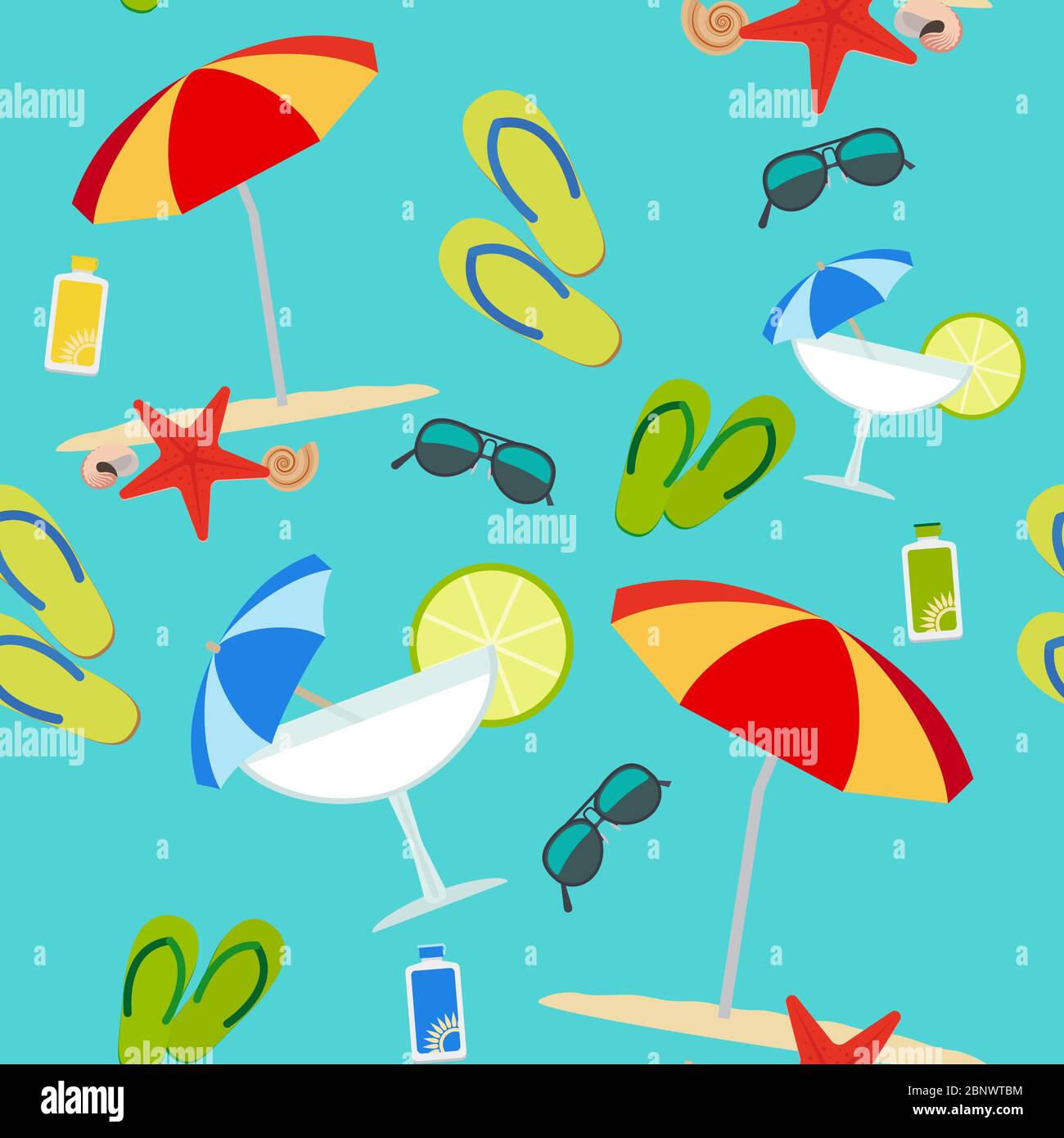Vector summer items seamless pattern on blue background Stock Vector ...