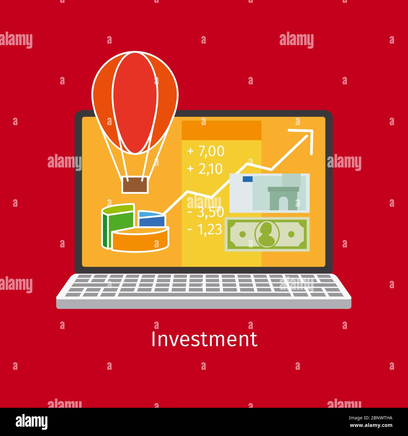 Investment cartoon style vector illustration on red background Stock ...