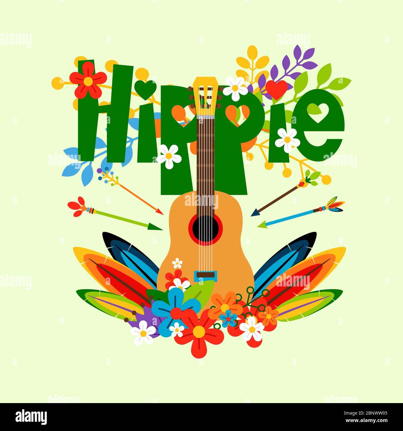 Hippie vector illustration with flowers, feathers and guitar Stock ...