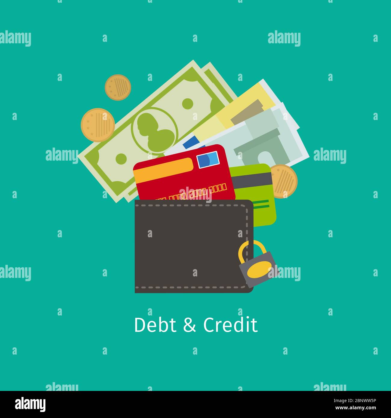 Debt and Credit cartoon vector illustration with wallet Stock Vector ...