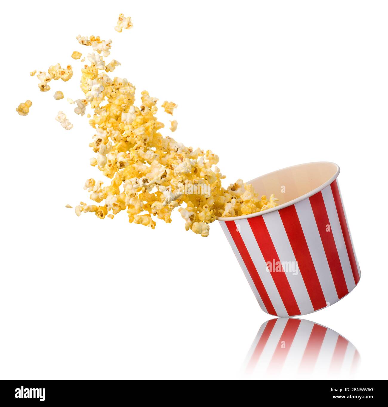 Flying popcorn from paper striped bucket isolated on white background ...