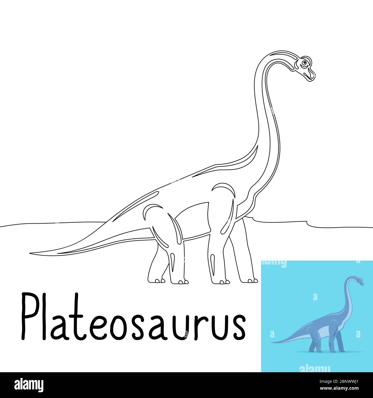 Coloring page for kids with Plateosaurus dinosaur and colored preview ...